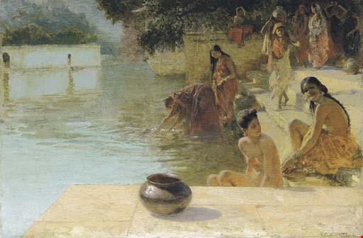 Edwin Lord Weeks (1849-1903) , Indian women bathing near Tripolia Ghat ...