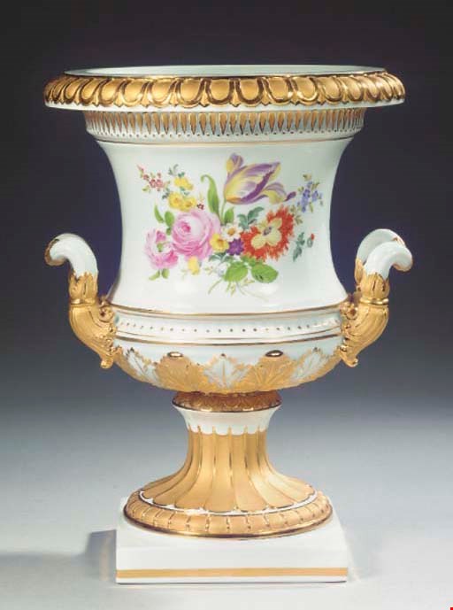 A large Meissen porcelain gilt floral Krater vase , MARKED WITH ...
