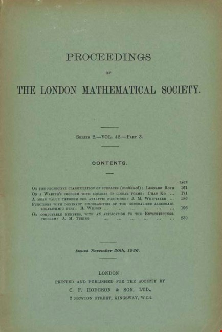 TURING, Alan Mathison (1912-1954). "On computable numbers, with an ...