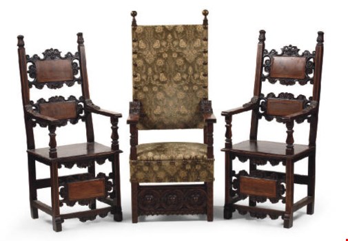 A PAIR OF AUSTRIAN WALNUT AND STAINED WALNUT HIGH-BACK ARMCHAIRS , LATE ...