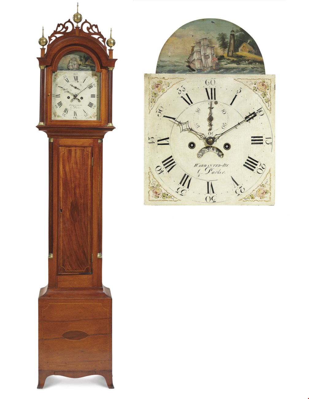 A FEDERAL INLAID MAHOGANY "ROCKING-SHIP" TALL-CASE CLOCK , DIAL SIGNED BY GARDNER PARKER (1772 ...