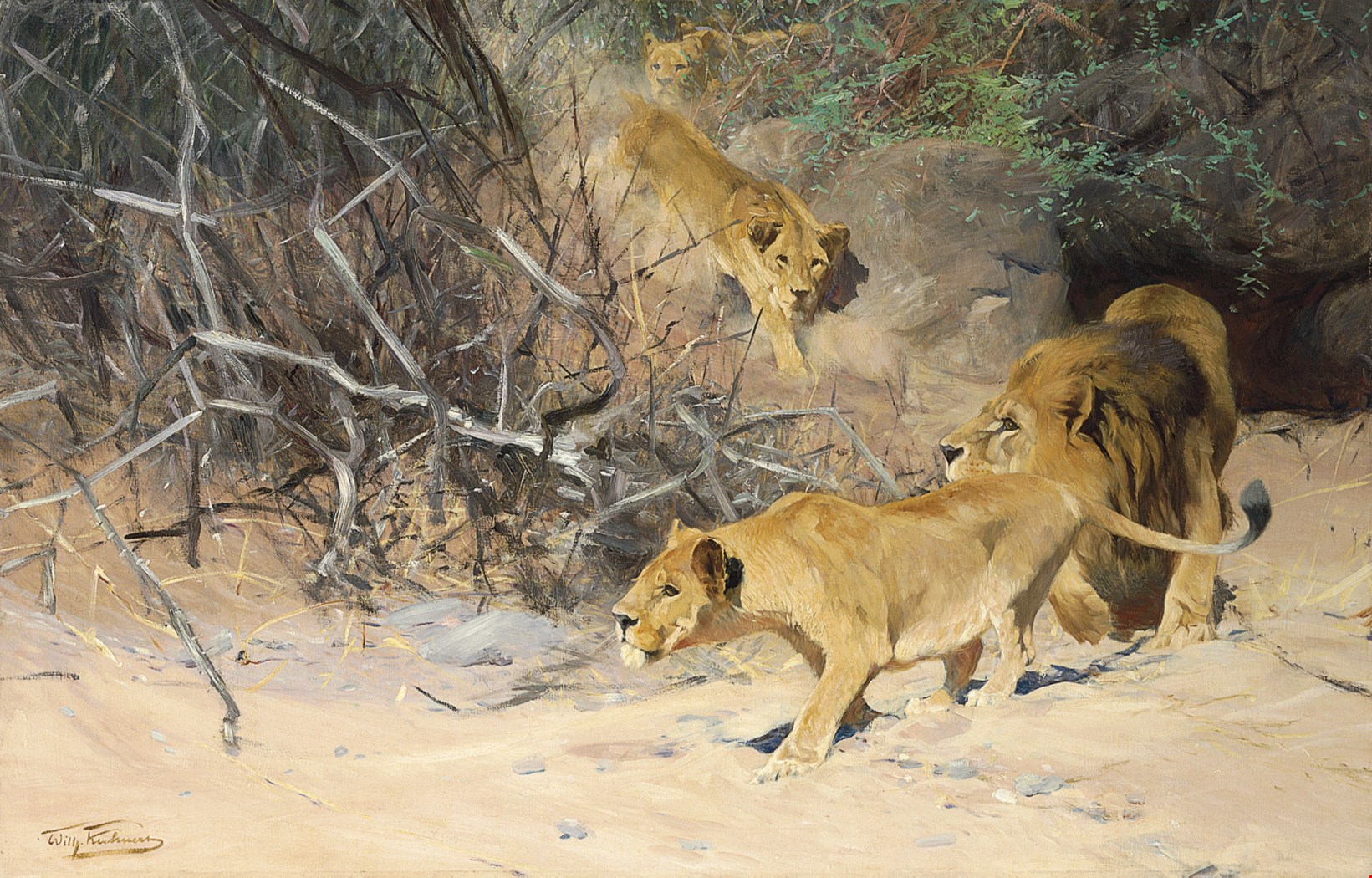 Wilhelm Kuhnert (German, 1865-1926) , A Pride of Lions on the Prowl ...