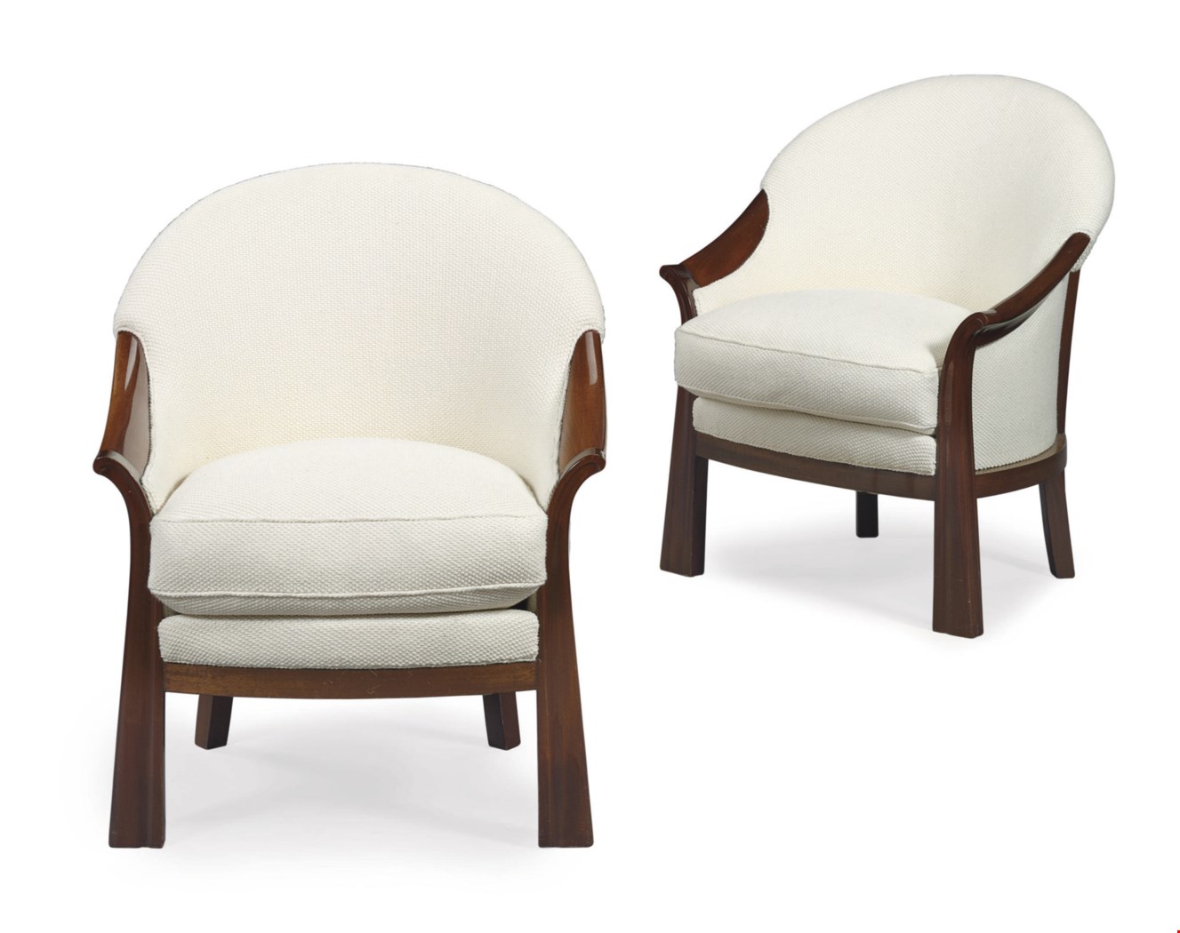 PIERRE CHAREAU (1883-1950) , 'MF208' A PAIR OF UPHOLSTERED MAHOGANY ...