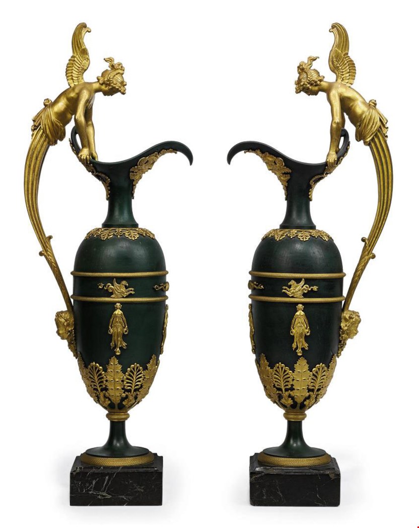 A PAIR OF EMPIRE ORMOLU-MOUNTED AND PATINATED BRONZE EWERS , ATTRIBUTED ...
