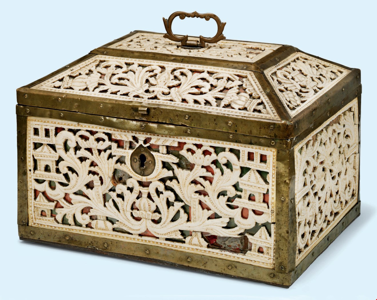 A DUTCH COLONIAL BRASS-MOUNTED IVORY AND FAUX TORTOISESHELL CASKET ...