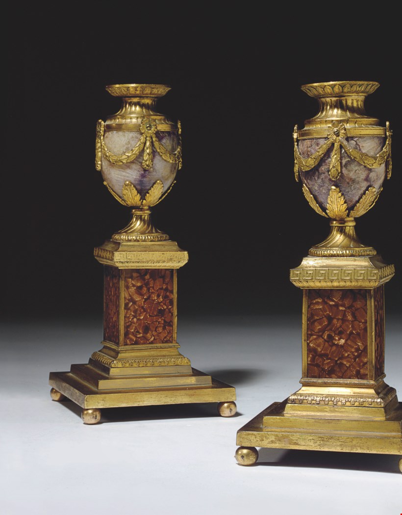 A PAIR OF GEORGE III ORMOLU-MOUNTED BLUE-JOHN AND AVENTURINE GLASS ...