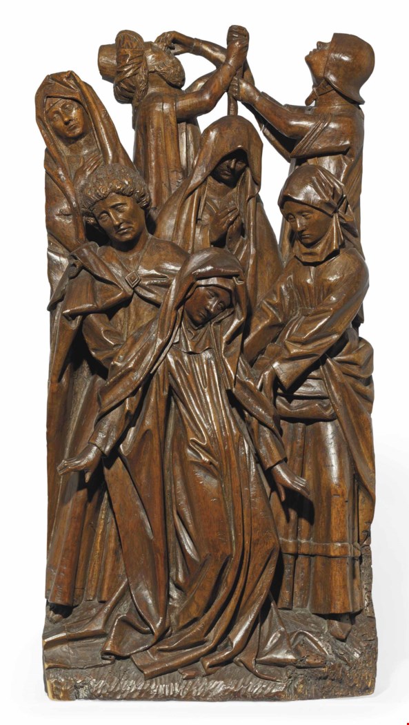 A CARVED OAK RELIEF OF THE SWOONING OF THE VIRGIN, NETHERLANDISH, EARLY ...