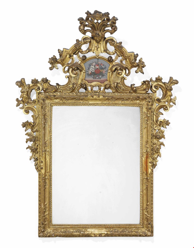 A NORTH ITALIAN GILTWOOD AND POLYCHROME-DECORATED MIRROR , VENICE, MID ...