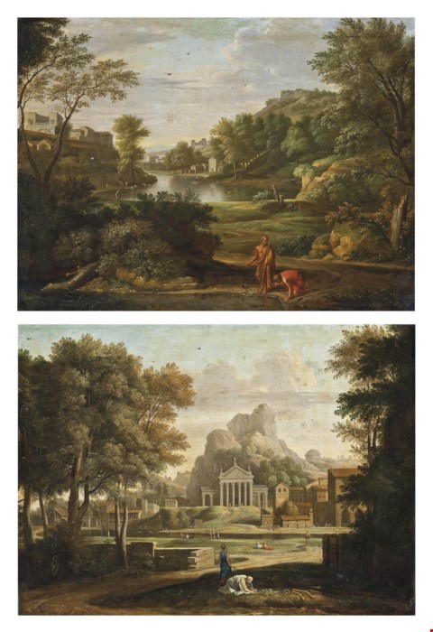 After Nicolas Poussin , A classical landscape with Diogenes casting ...