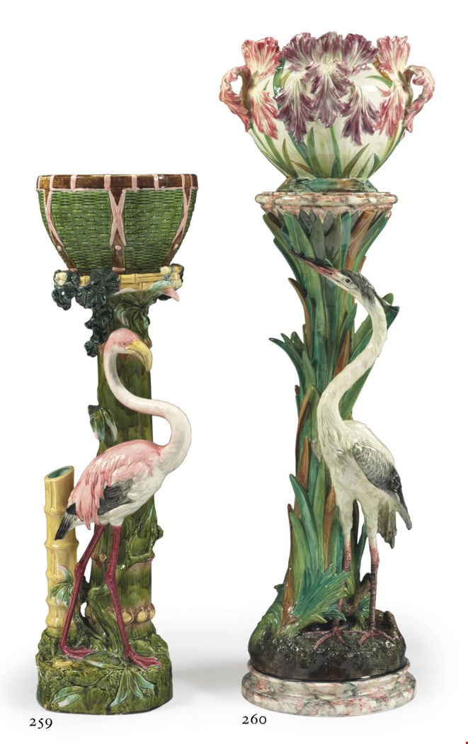 A FRENCH MAJOLICA HERON PEDESTAL AND IRIS JARDINIERE , DATED 1889 ...