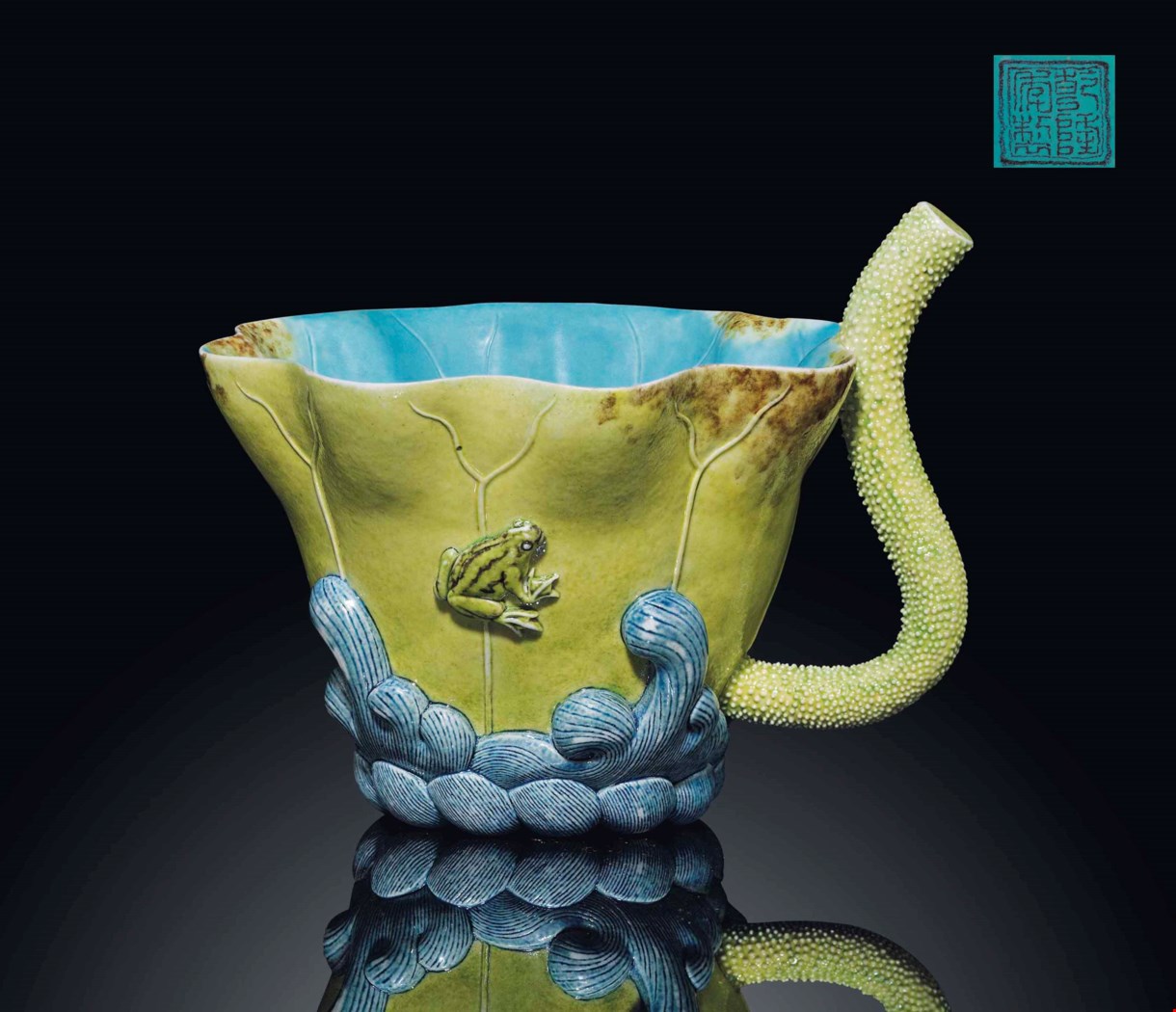 A FAMILLE ROSE 'LOTUS LEAF' CUP , QIANLONG FOUR-CHARACTER SEAL MARK IN ...