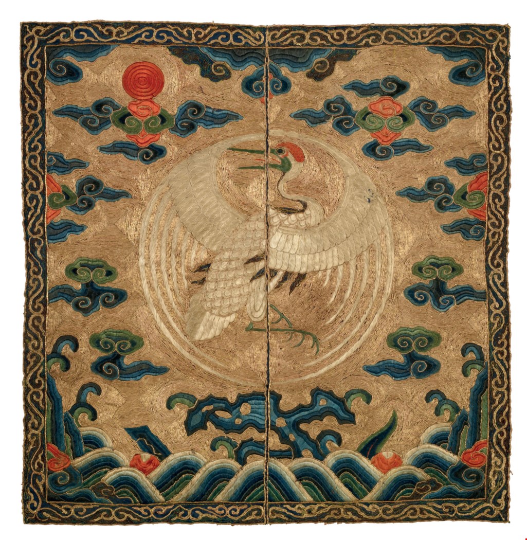 A VERY RARE CIVIL OFFICIAL'S RANK BADGE OF A CRANE, BUZI, KANGXI PERIOD ...