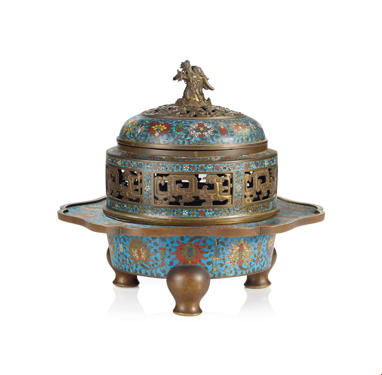 BRULE-PARFUM COUVERT EN BRONZE ET EMAUX CLOISONNES