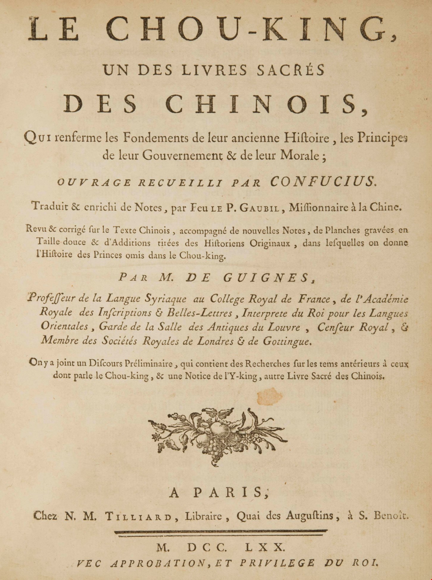 CONFUCIUS. Le Chou-King, un des livres sacrés des Chinois... Traduit ...