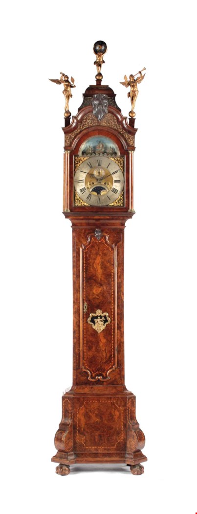 A Dutch walnut and figured-walnut longcase clock with shipsautomaton ...