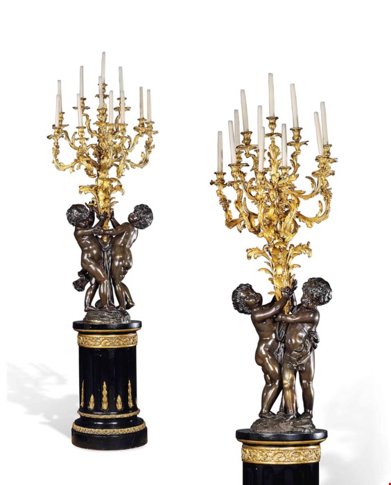 A MONUMENTAL PAIR OF FRENCH ORMOLU AND PATINATED BRONZE ELEVEN-LIGHT ...