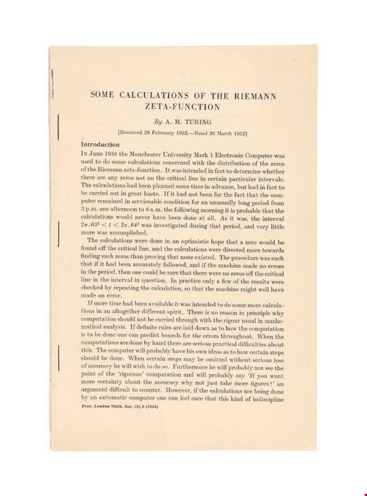 TURING, Alan. 'A method for the calculation of the zeta-function ...