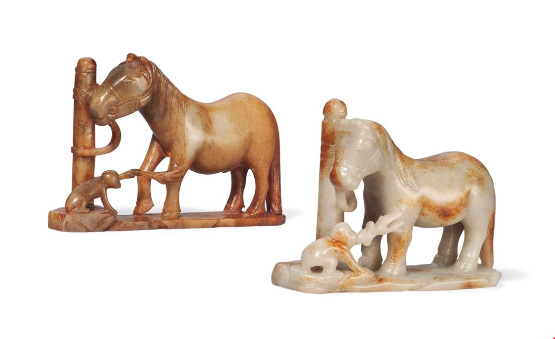 TWO CELADON AND RUSSET JADE 'HORSE AND MONKEY' GROUPS , 19TH/20TH ...