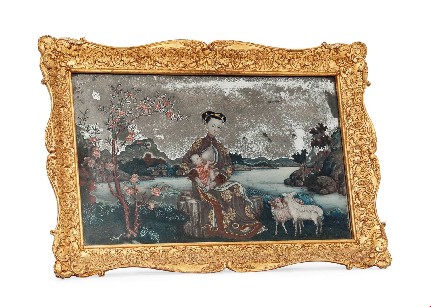 A RECTANGULAR FRAMED REVERSE GLASS MIRROR PAINTING , 18TH CENTURY ...