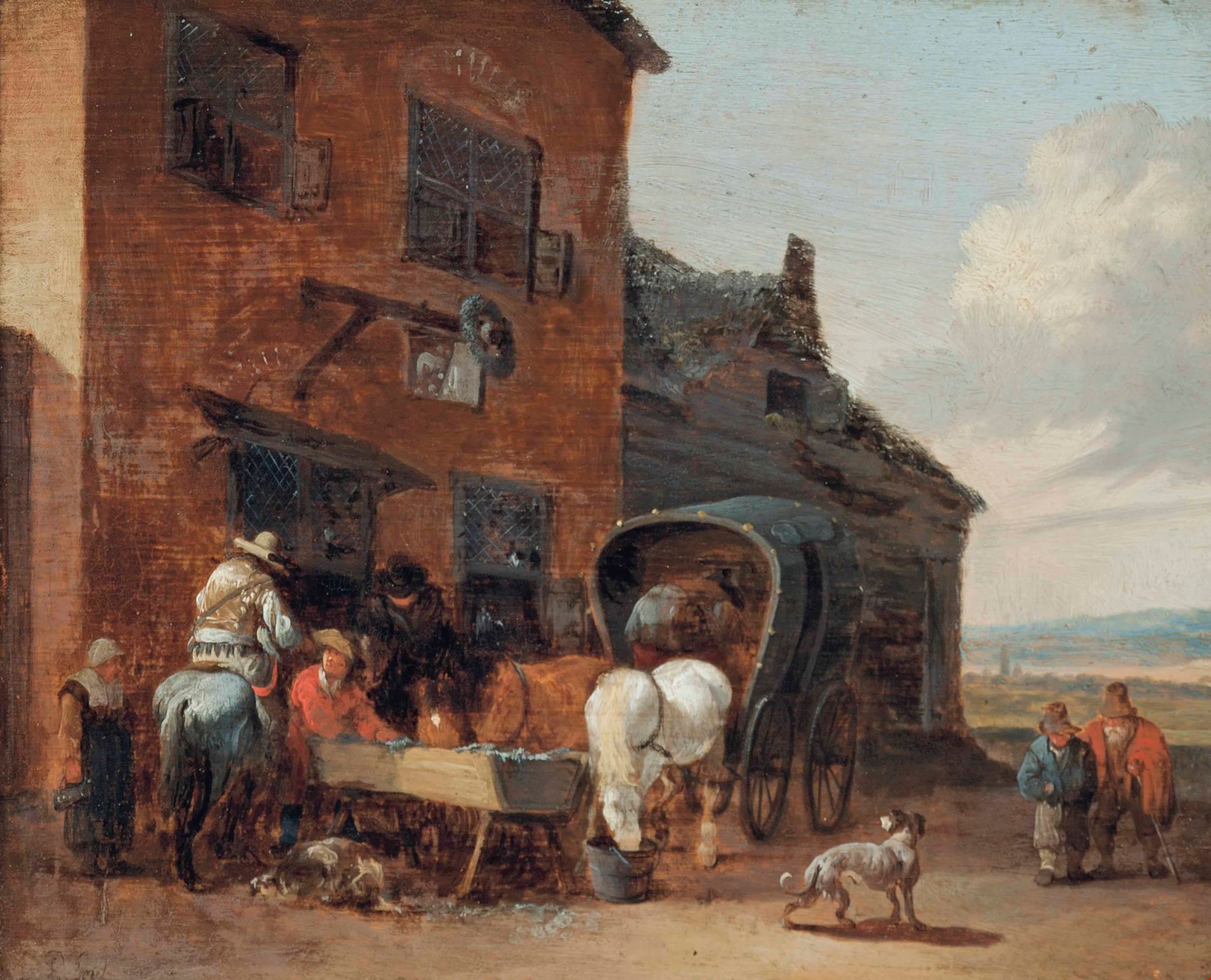 Pieter Bout (Brussels 1658-1719), Travellers outside an inn | Christie's