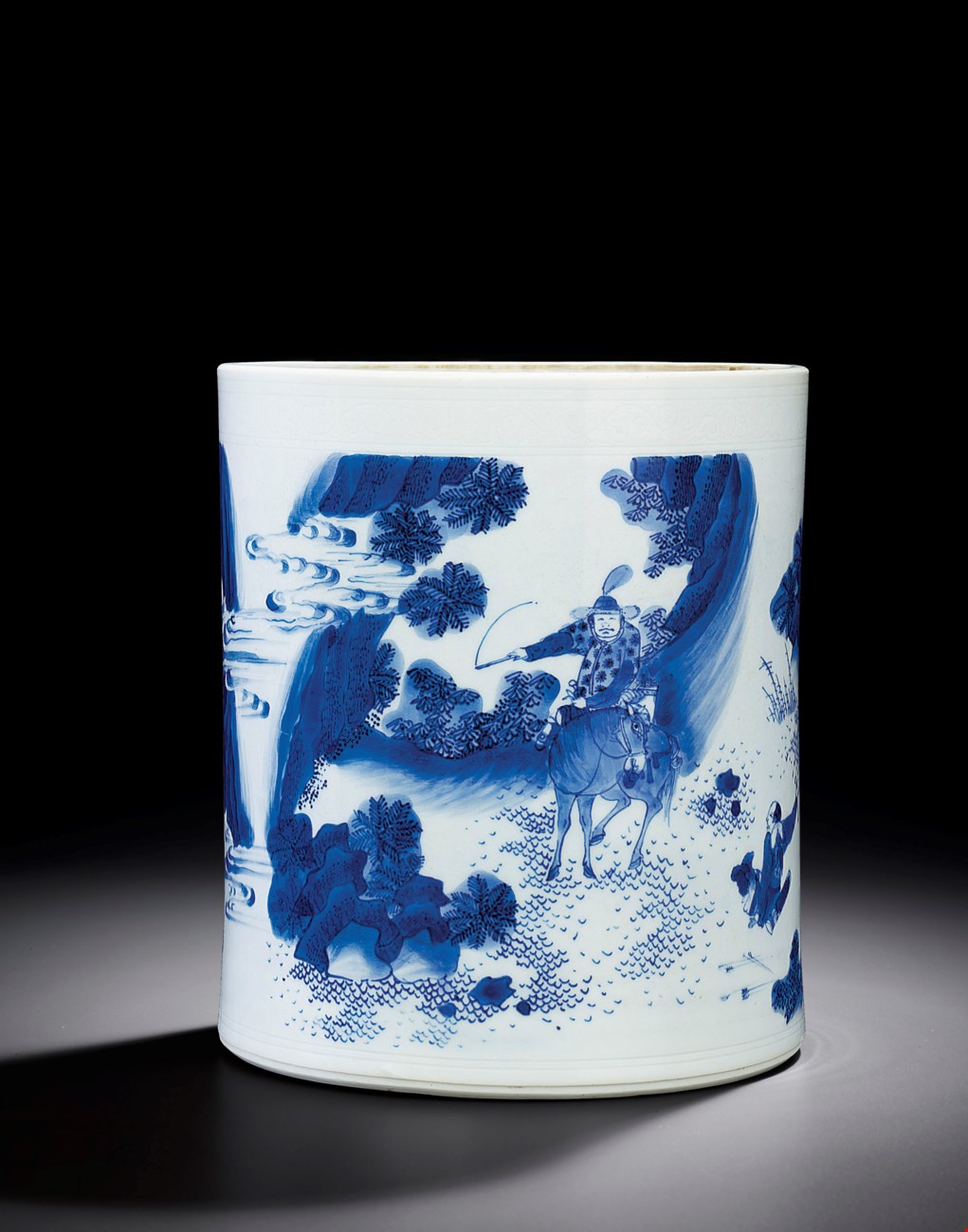 A FINELY PAINTED TRANSITIONAL BLUE AND WHITE BRUSH POT , SHUNZHI PERIOD ...