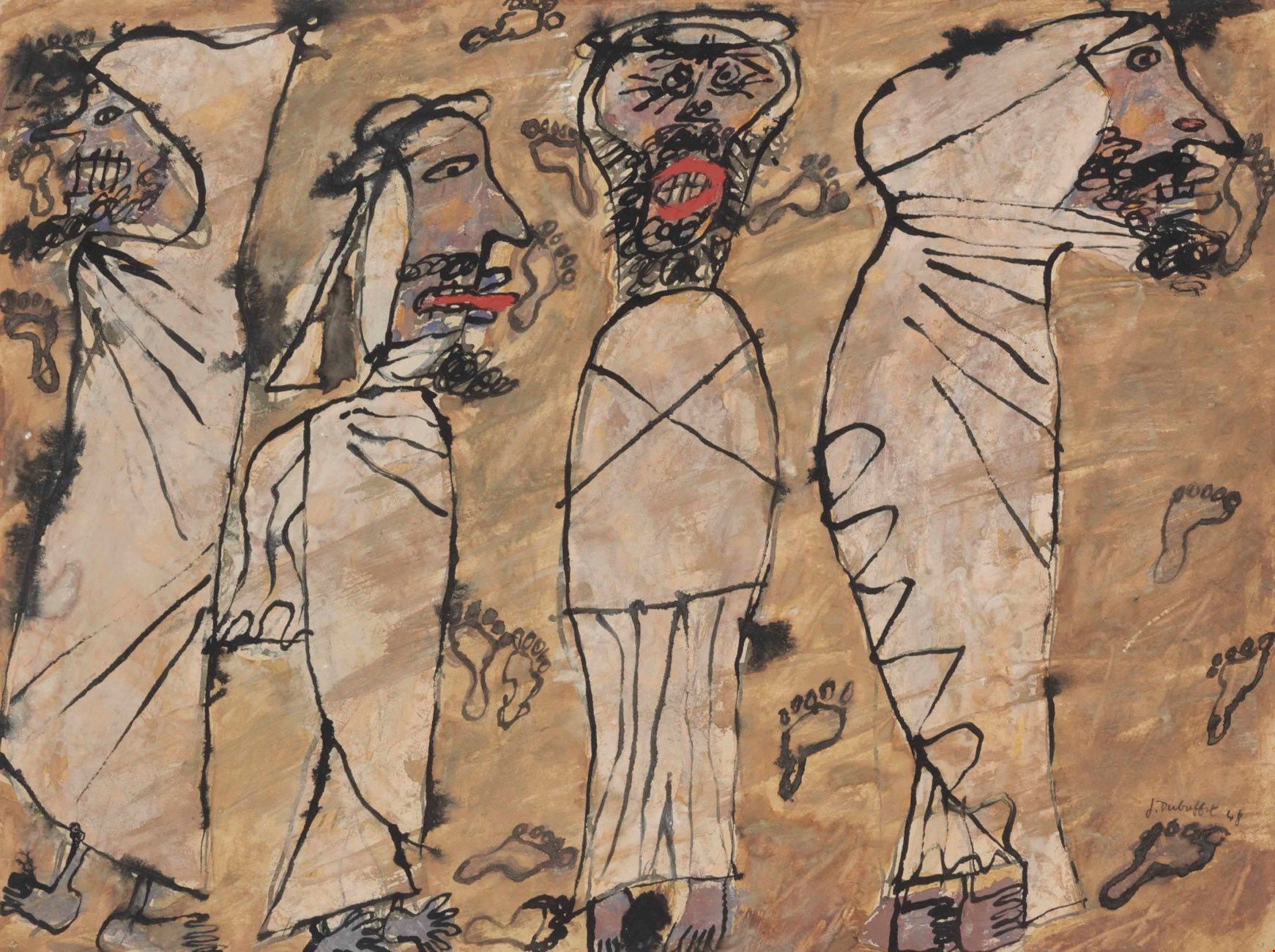 Jean Dubuffet (1901-1985), Quatres arabes, traces de pas dans le sable ...