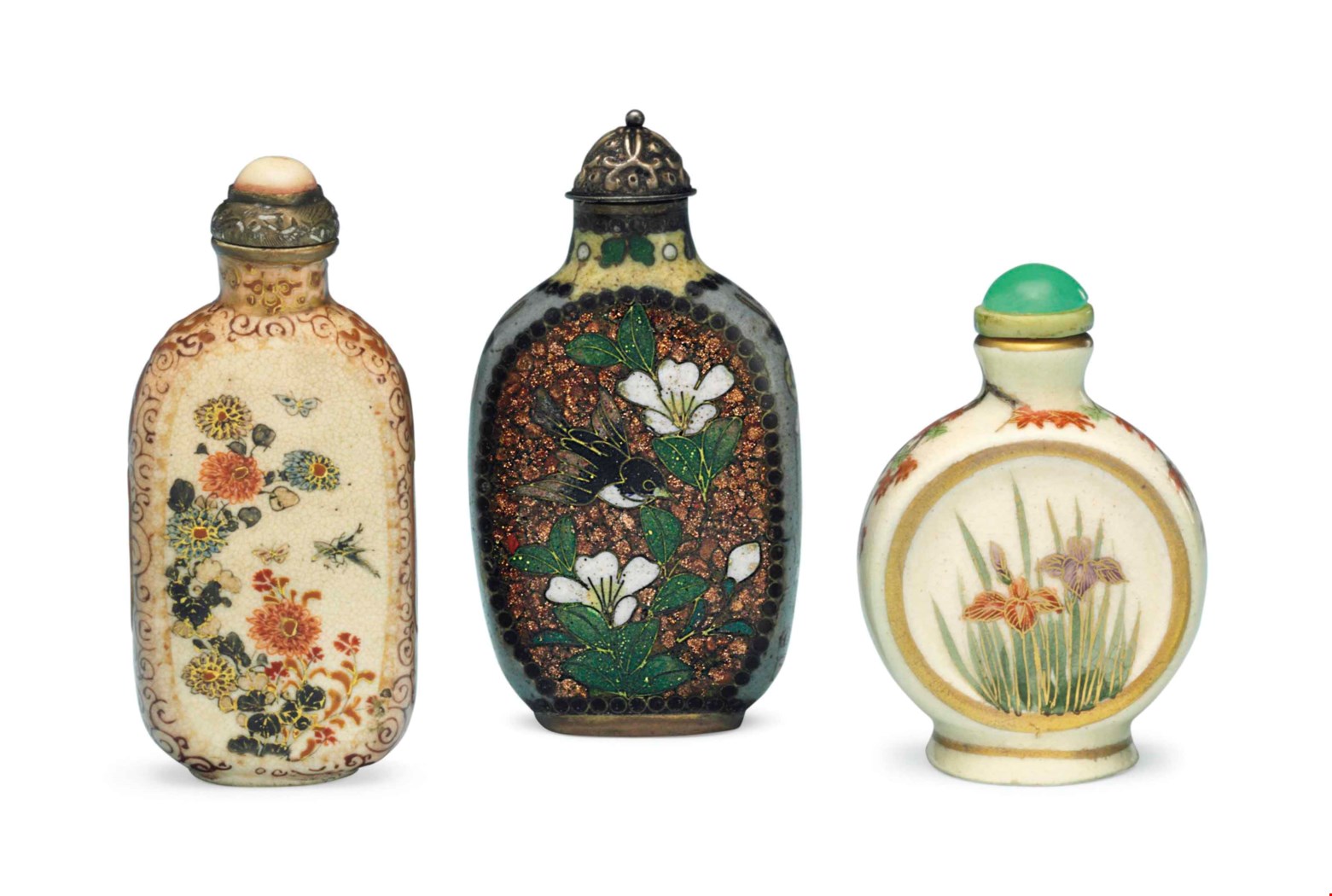 TWO JAPANESE SATSUMA SNUFF BOTTLES AND A CHINESE CLOISONNÉ ENAMEL SNUFF ...