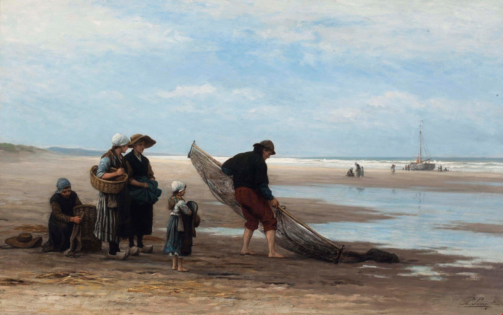 Philip Sadée (The Hague 1837-1904) , Shrimpers on the beach at low tide ...
