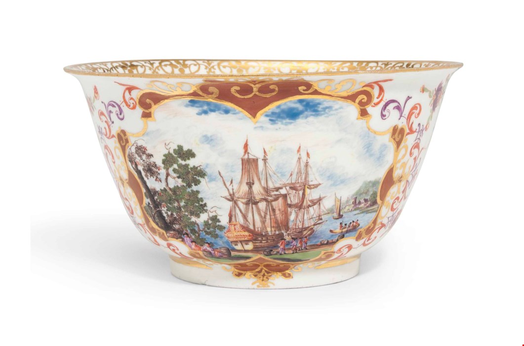 A MEISSEN SLOP-BOWL, CIRCA 1728, ENAMELLED BLUE CROSSED SWORDS MARK ...