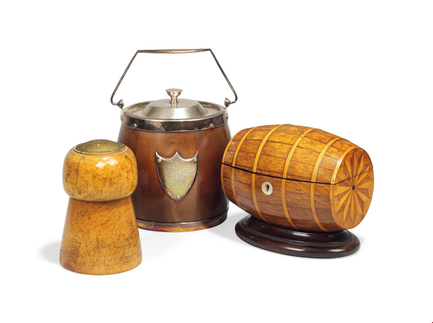 A VICTORIAN FRUITWOOD BARREL-SHAPED TEA CADDY , CIRCA 1840 | Christie's