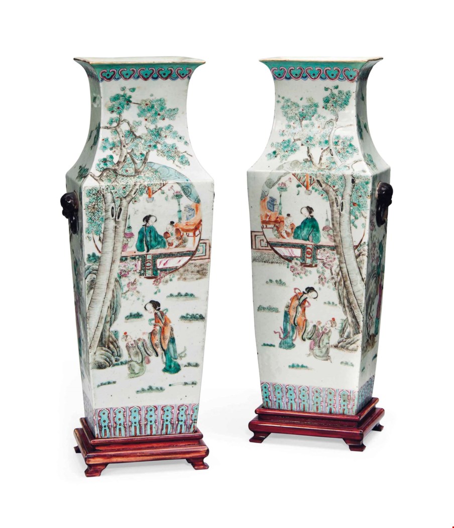 A PAIR OF CHINESE FAMILLE ROSE RECTANGULAR-SECTION BALUSTER VASES, 19TH ...