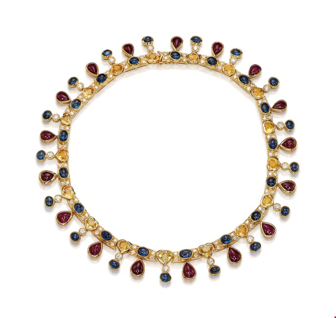 A MULTI-COLOURED SAPPHIRE, SAPPHIRE, RUBY AND DIAMOND NECKLACE