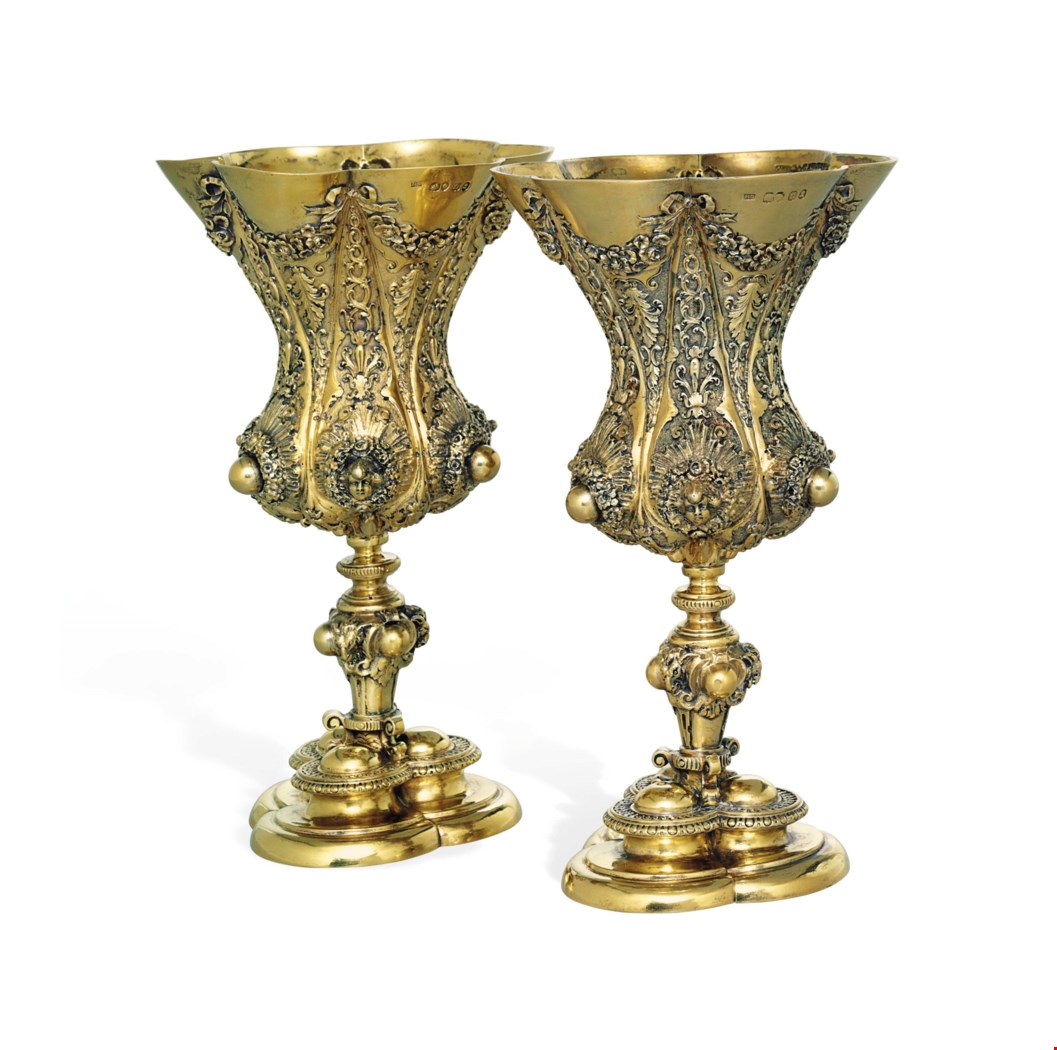 A PAIR OF GEORGE IV SILVER-GILT COLUMBINE CUPS,, MARK OF BENJAMIN SMITH ...
