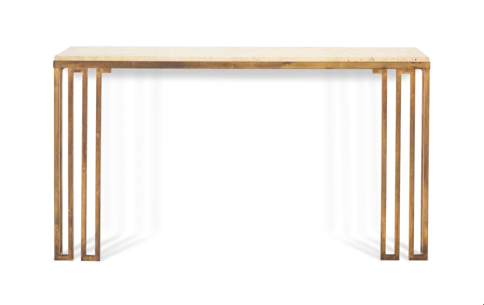 A GILT-IRON AND TRAVERTINE CONSOLE TABLE, DESIGNED BY JEAN ROYERE ...
