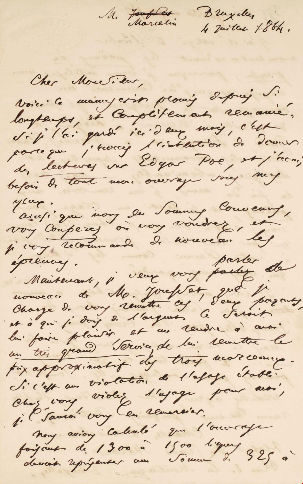 BAUDELAIRE, Charles (1821-1867). Lettre autographe à l'éditeur Louis ...
