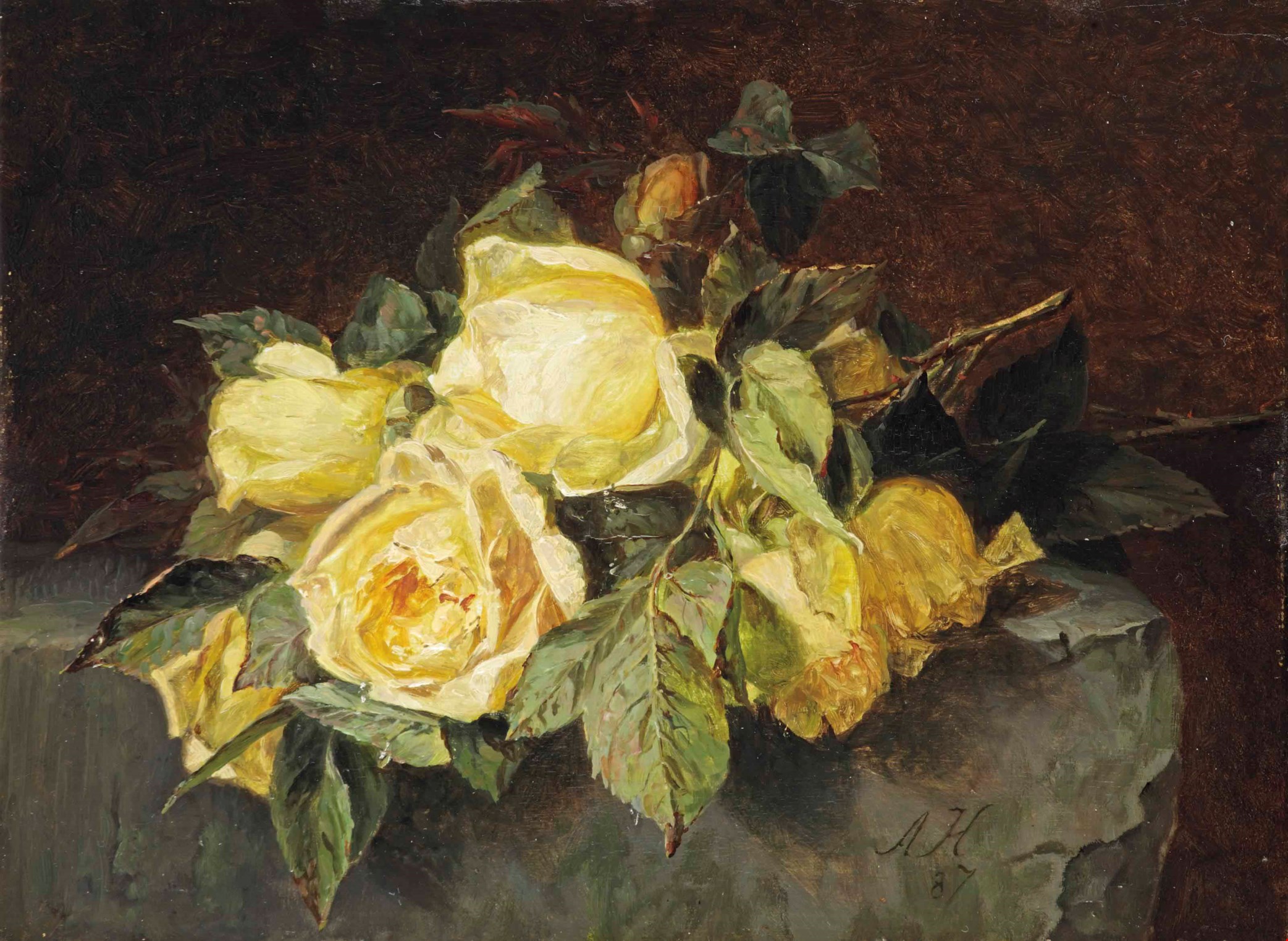 Adriana Haanen (Oosterhout 1814-1895 Oosterbeek), Yellow roses on a ...