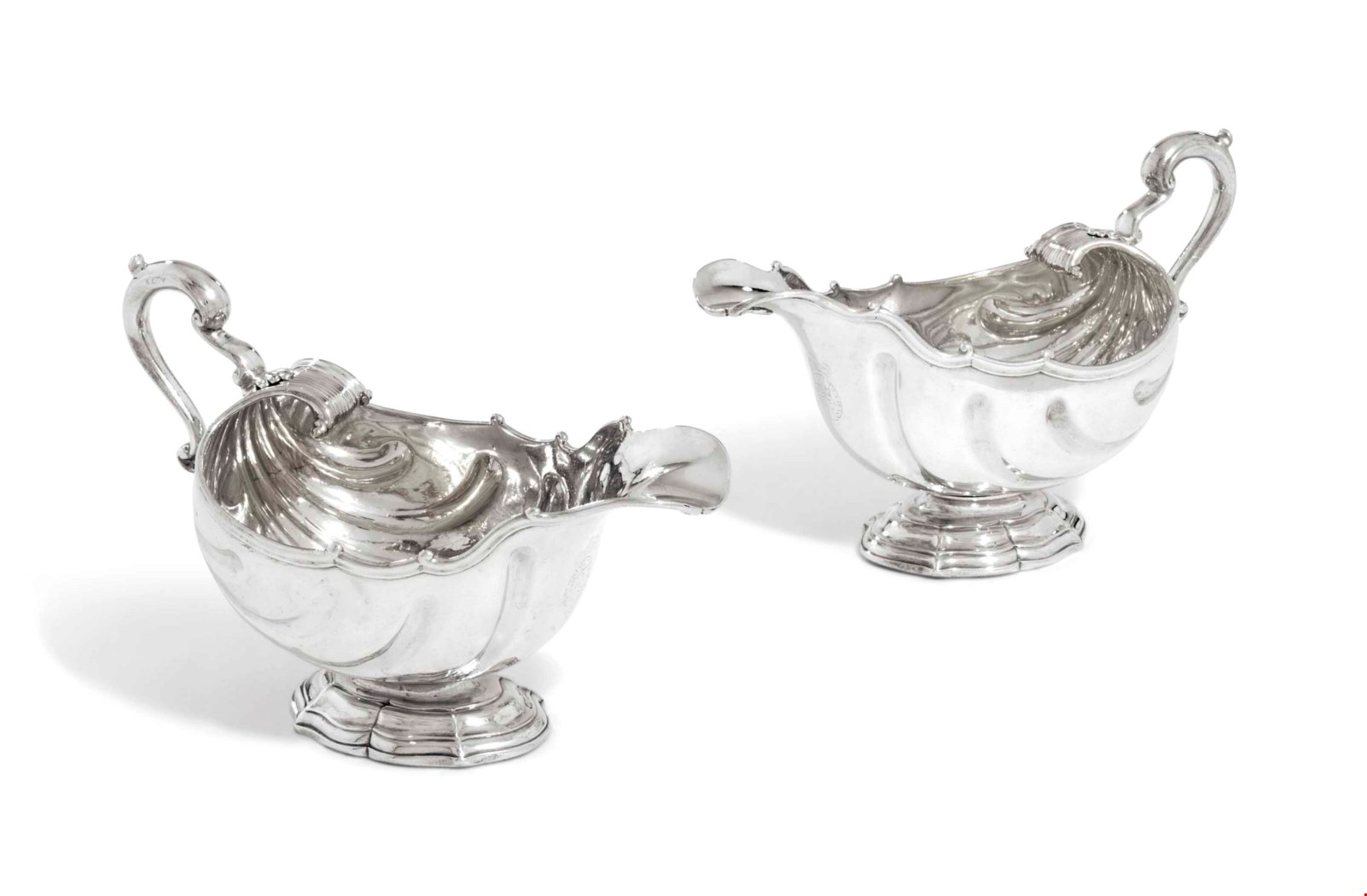 A PAIR OF GEORGE II SILVER SAUCEBOATS, MARK OF JOHN HUGH LE SAGE ...