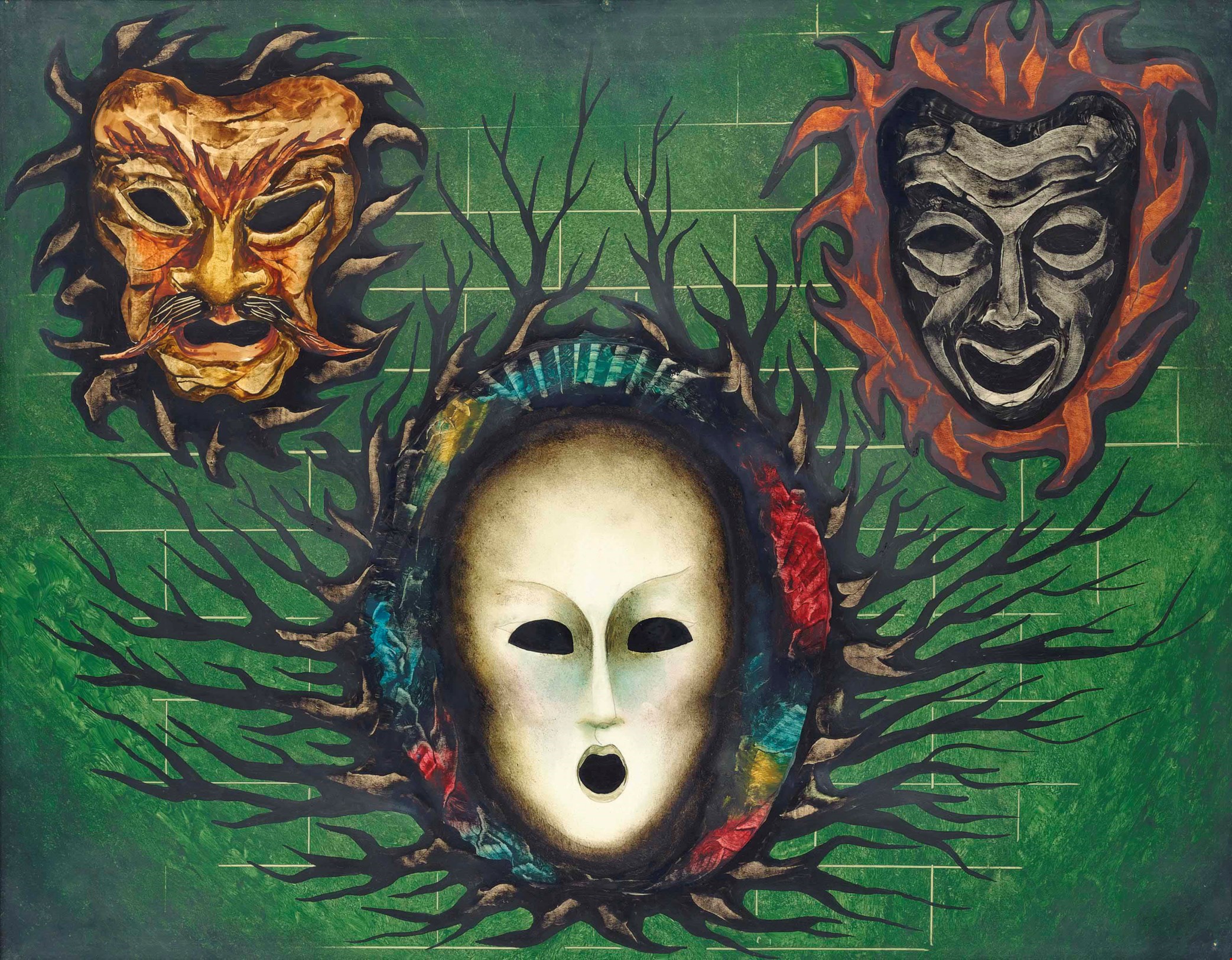 Esteban Francés (1913-1976), Fantastic masks in green | Christie's