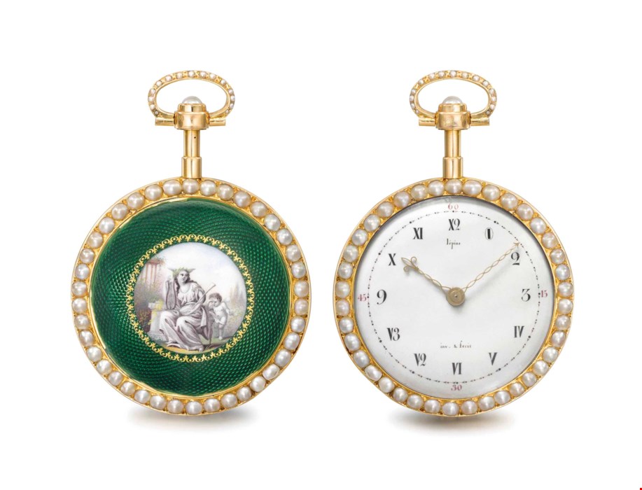 Lépine. A very fine and rare 18K gold, enamel and pearl-set openface ...