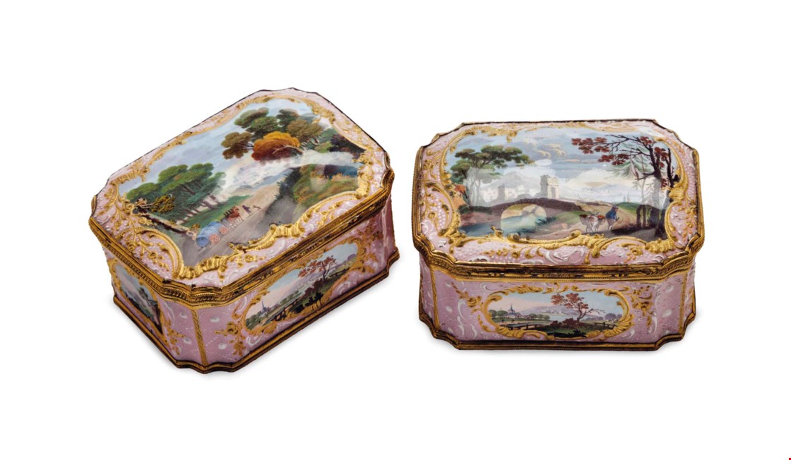 A PAIR OF GILT-METAL MOUNTED SOUTH STAFFORDSHIRE ENAMEL PINK-GROUND ...