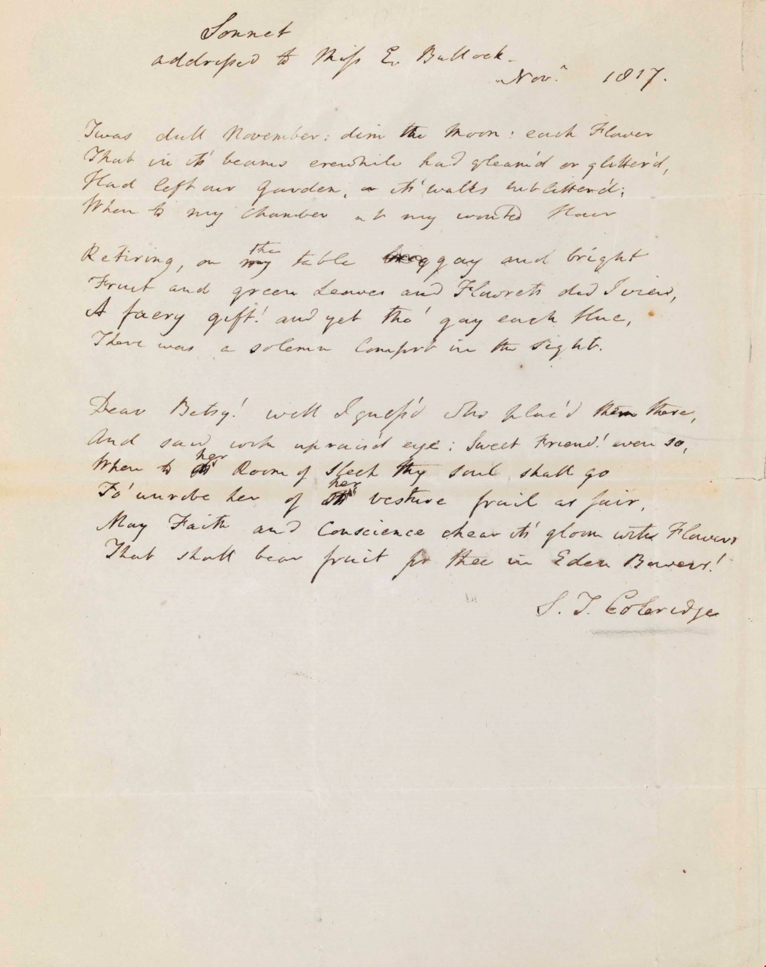 COLERIDGE, Samuel Taylor. Autograph manuscript signed (“S.T. Coleridge ...