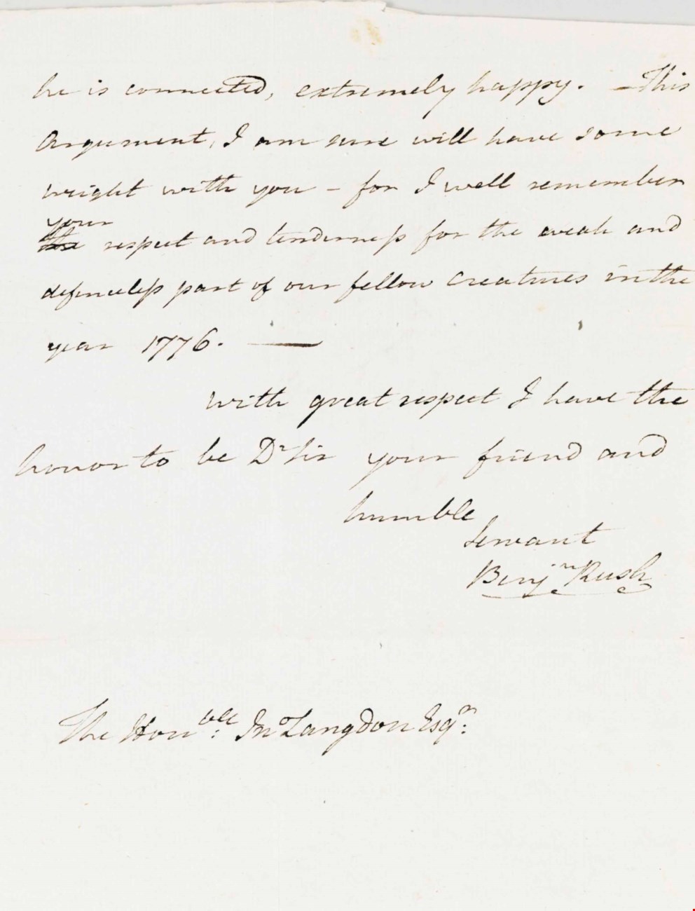 RUSH, Benjamin (Signer, Pennsylvania). Autograph letter signed (“Benj ...