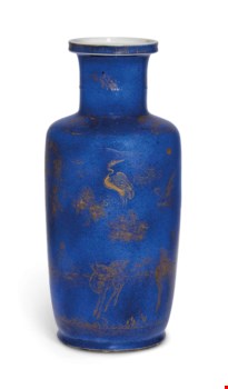 A CHINESE POWDER BLUE AND GILT DECORATED 'CRANE AND DEER' ROULEAU VASE ...