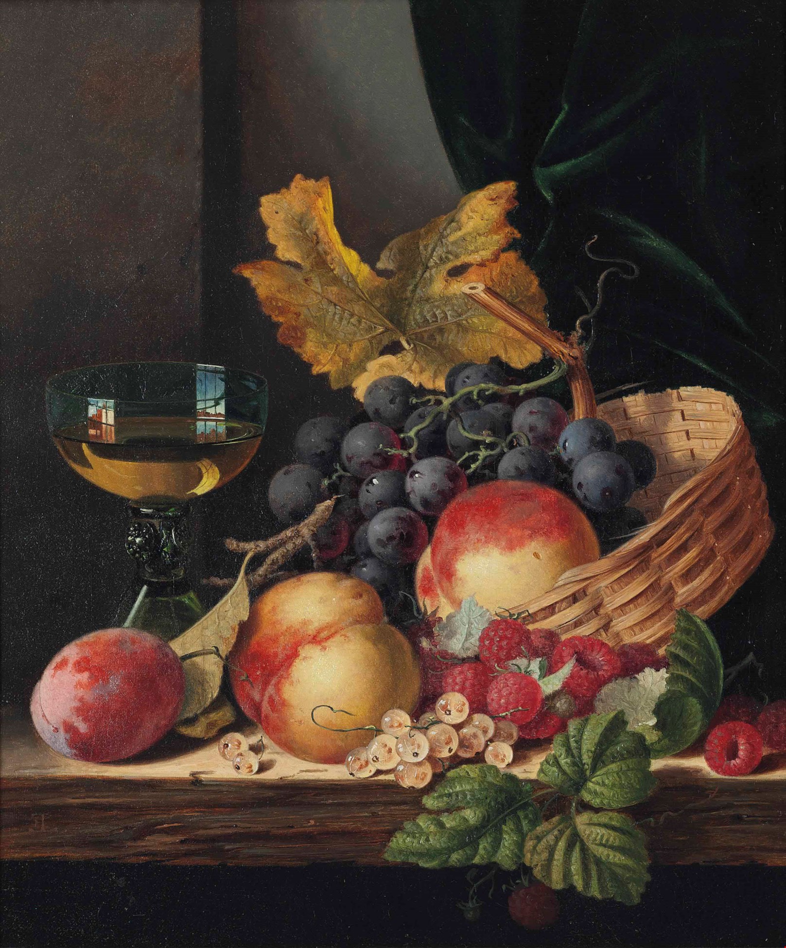 Edward Ladell (1821-1886), Peaches, plum, grapes, raspberries and white ...