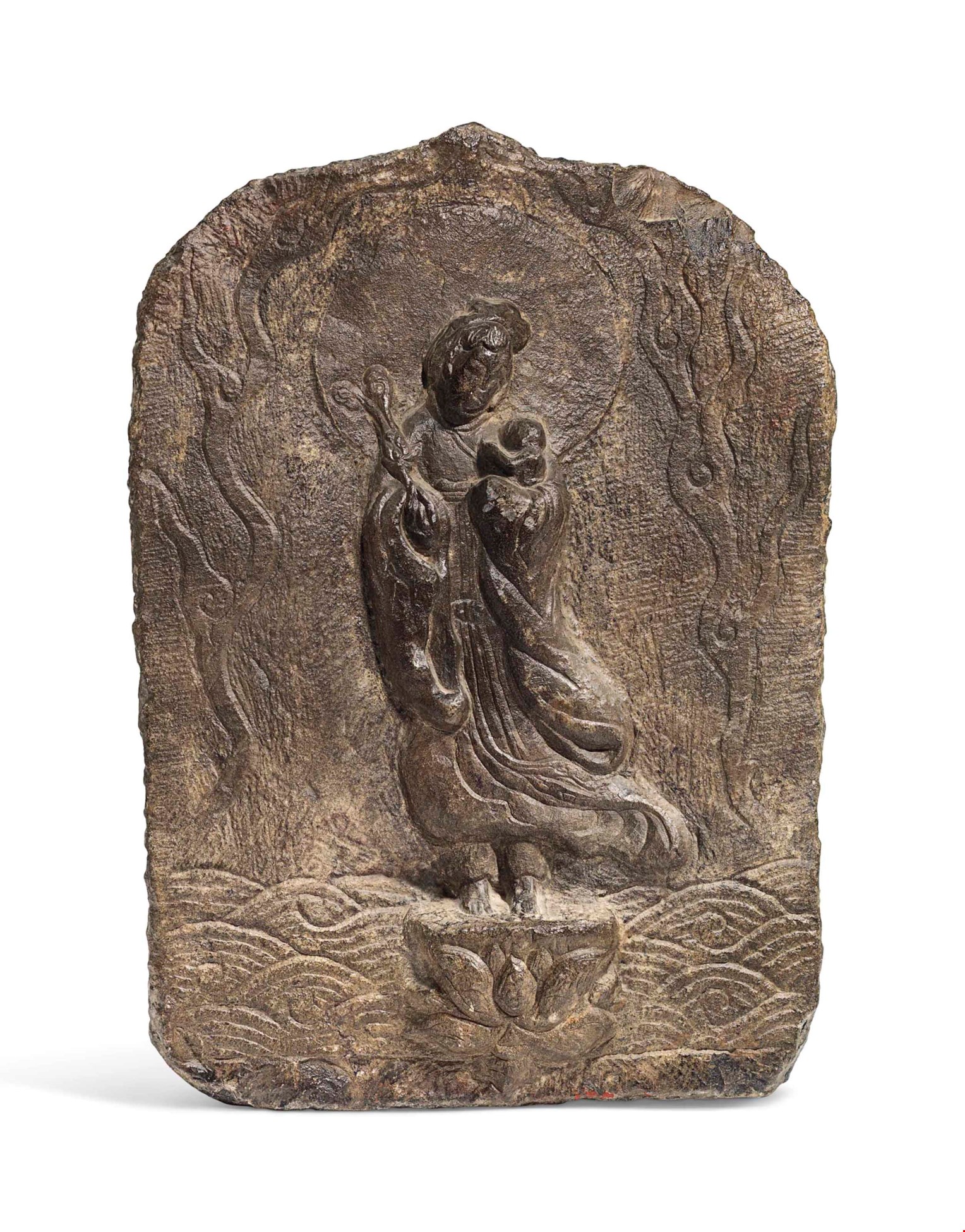 A GREY STONE STELE OF GUANYIN HOLDING A CHILD, SONG-YUAN DYNASTY (960 ...