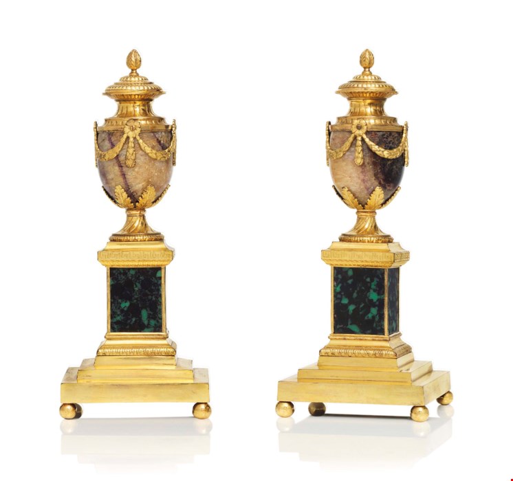 A PAIR OF GEORGE III ORMOLU-MOUNTED BLUE JOHN AND SIMULATED MALACHITE ...