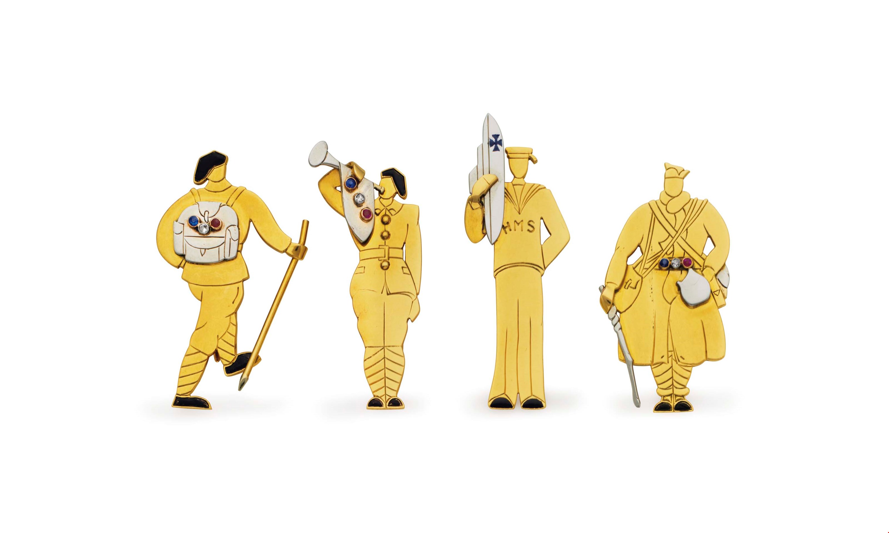 AN UNUSUAL SET OF RETRO MULTI-GEM, DIAMOND, ENAMEL AND GOLD 'SOLDIER ...