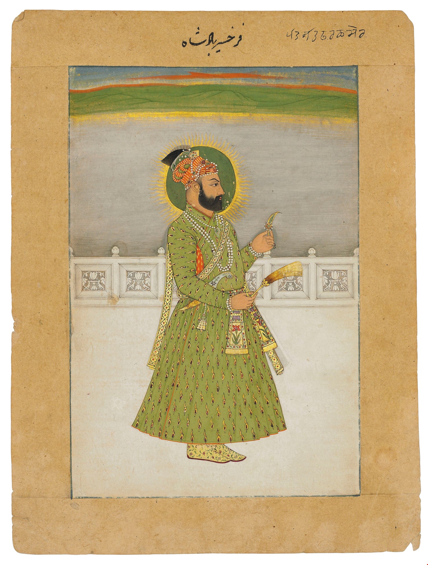 A STANDING PORTRAIT OF THE MUGHAL EMPEROR FARRUKH SIYYAR