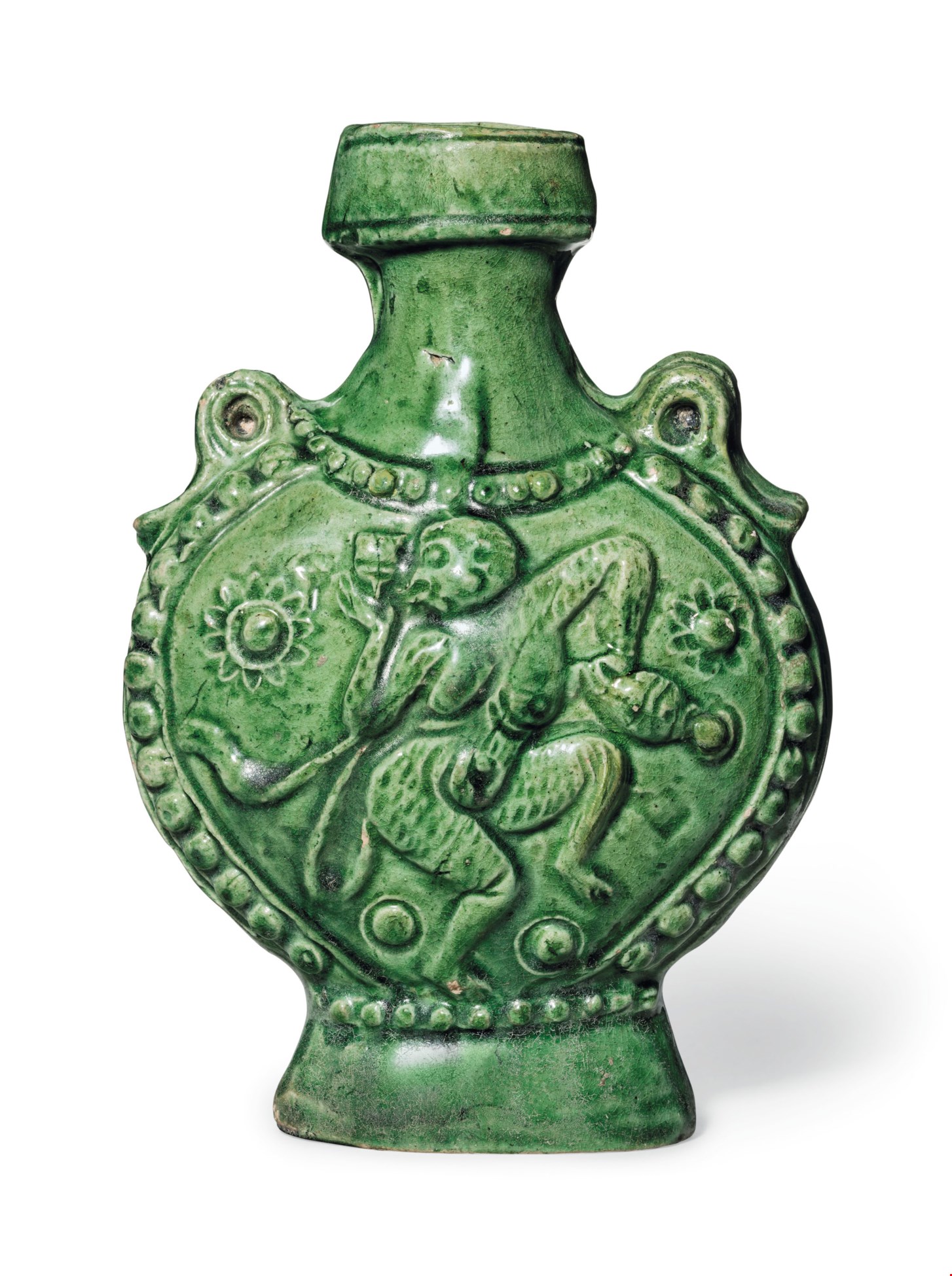 AN UNUSUAL SMALL GREEN-GLAZED POTTERY 'PILGRIM'S' FLASK, TANG DYNASTY ...
