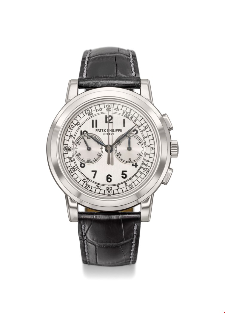 PATEK PHILIPPE. A LARGE AND FINE 18K WHITE GOLD CHRONOGRAPH WRISTWATCH ...